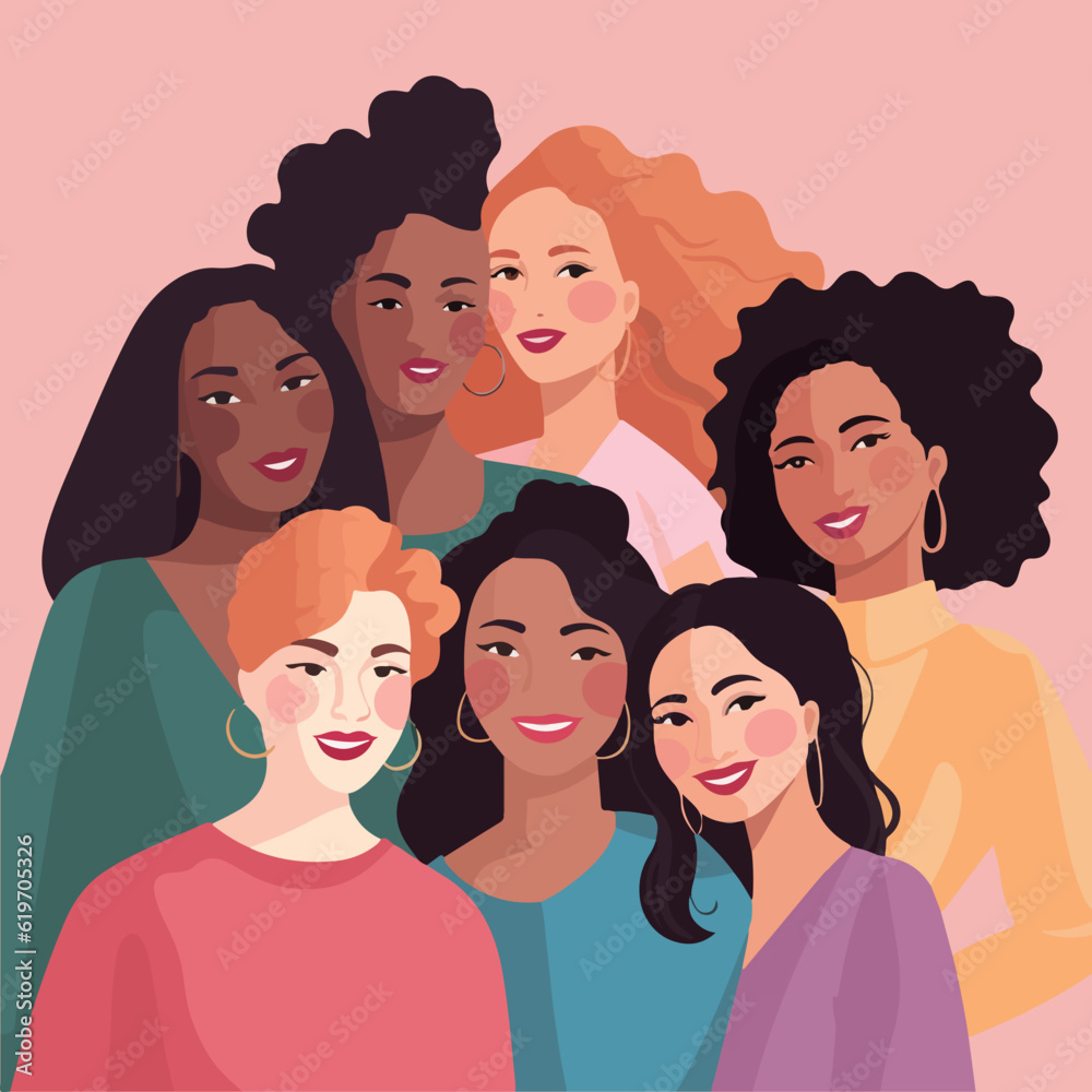 Beautiful diverse women, girls, isolated on white. Flat style vector illustration. Female ...