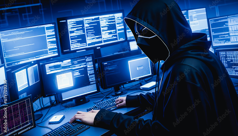 Hacker sitting in front of computers, breaching into various systems ...