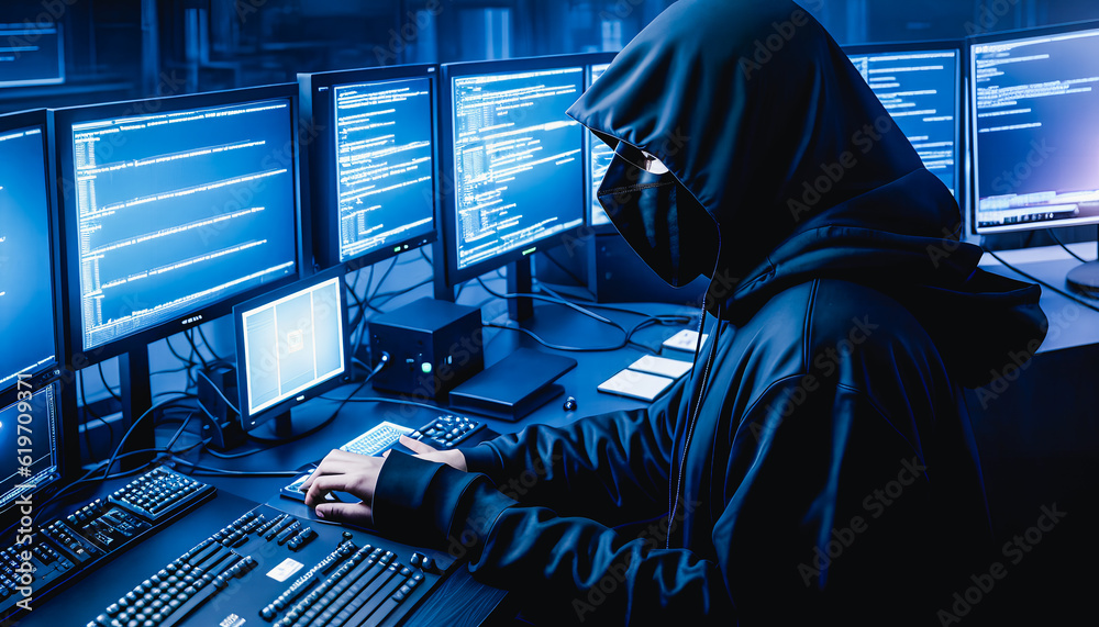 Hacker sitting in front of computers, breaching into various systems ...