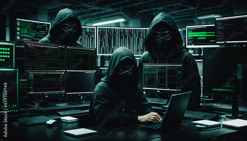 Hacker sitting in front of computers, breaching into various systems ...
