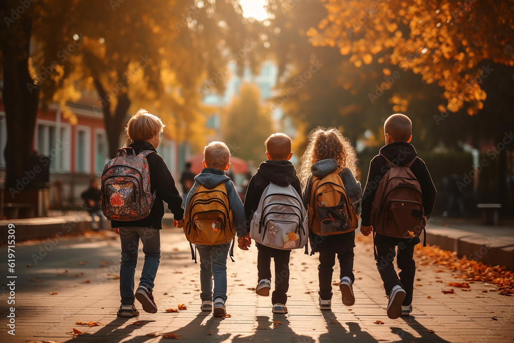 A group of first graders go to enrollment on their first day at school ...