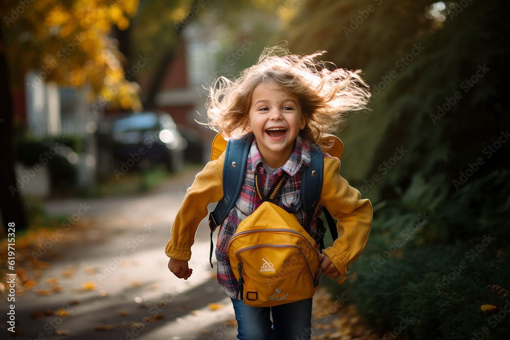 happy first grader girl running with knapsack on her first day at ...