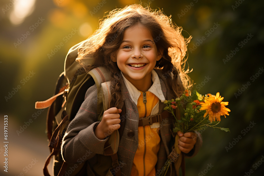 happy first grader girl with flowers and knapsack on her first day at ...