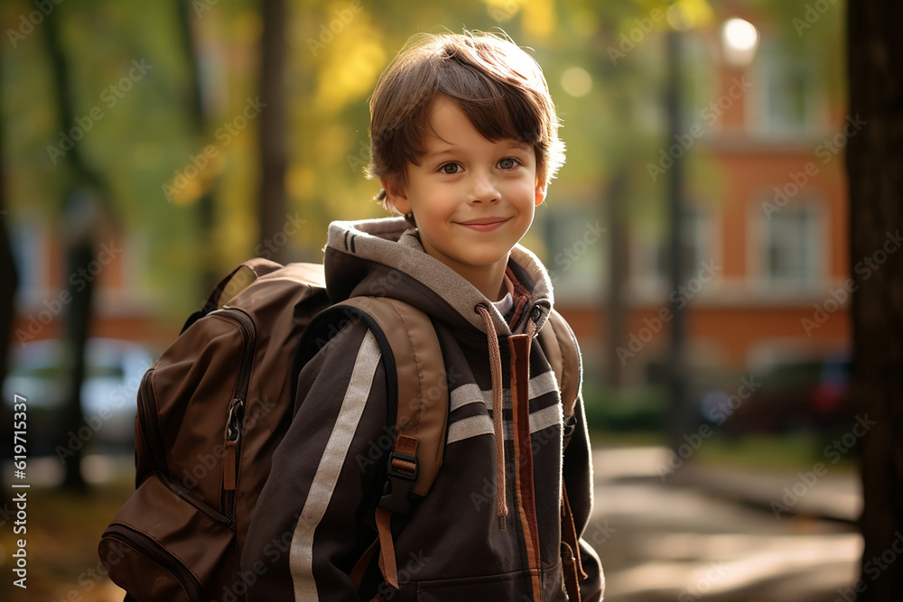 happy first grader boy with knapsack on his first day at school ...