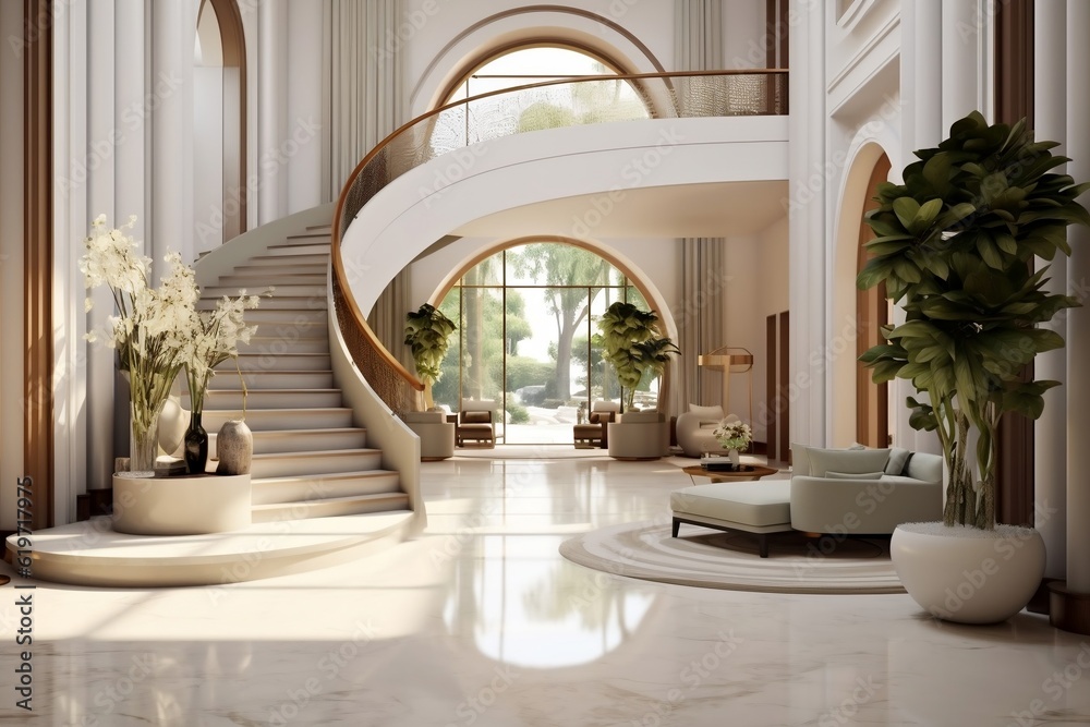 Modern villa entrance hall interior design with staircase. Created with ...