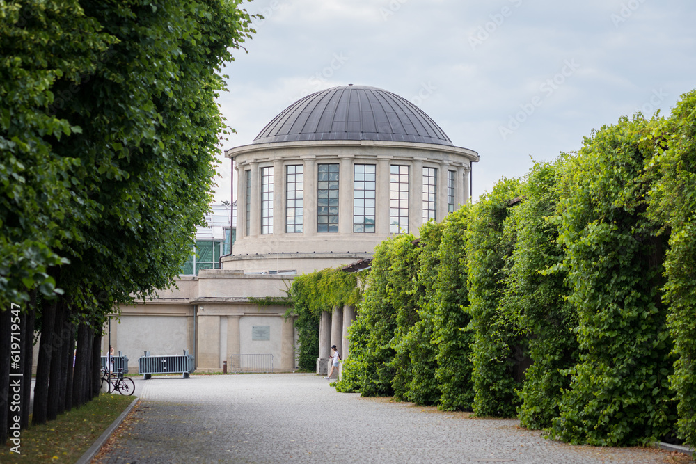 Centenary Hall in Wroclaw. Alley in the park with a round building ...