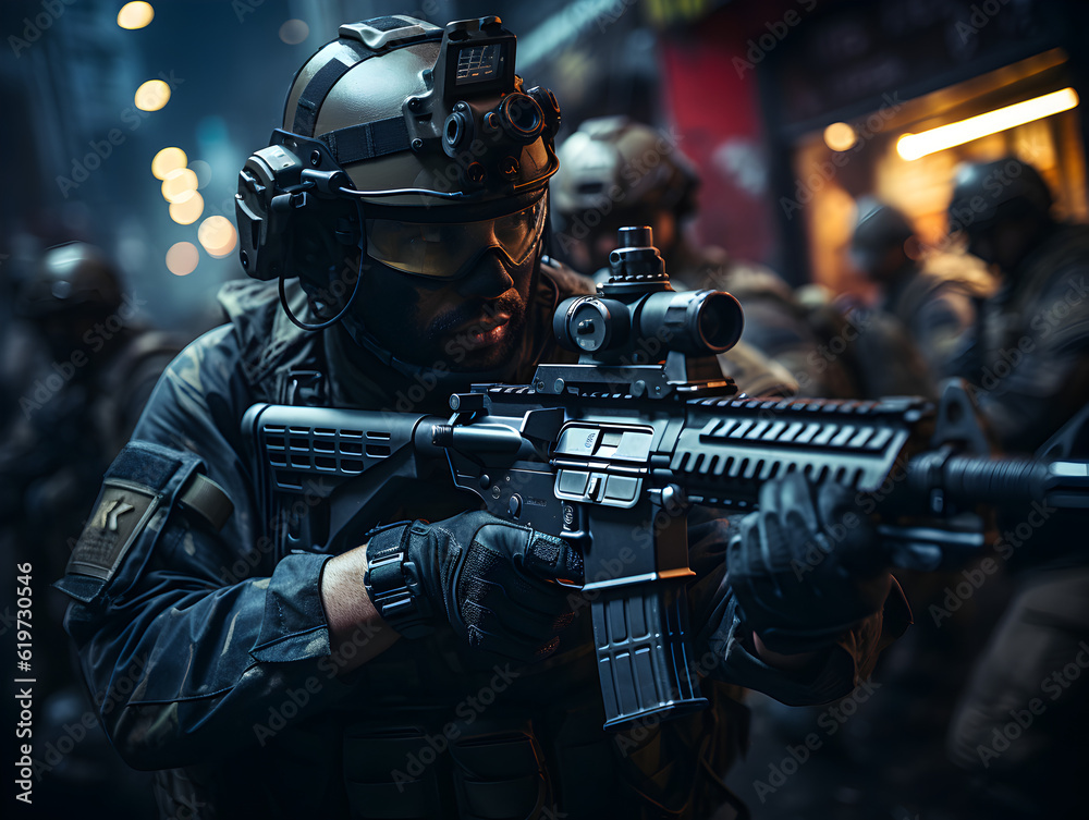 special forces squad with tactical gear, M4 rifles Generative AI Stock ...