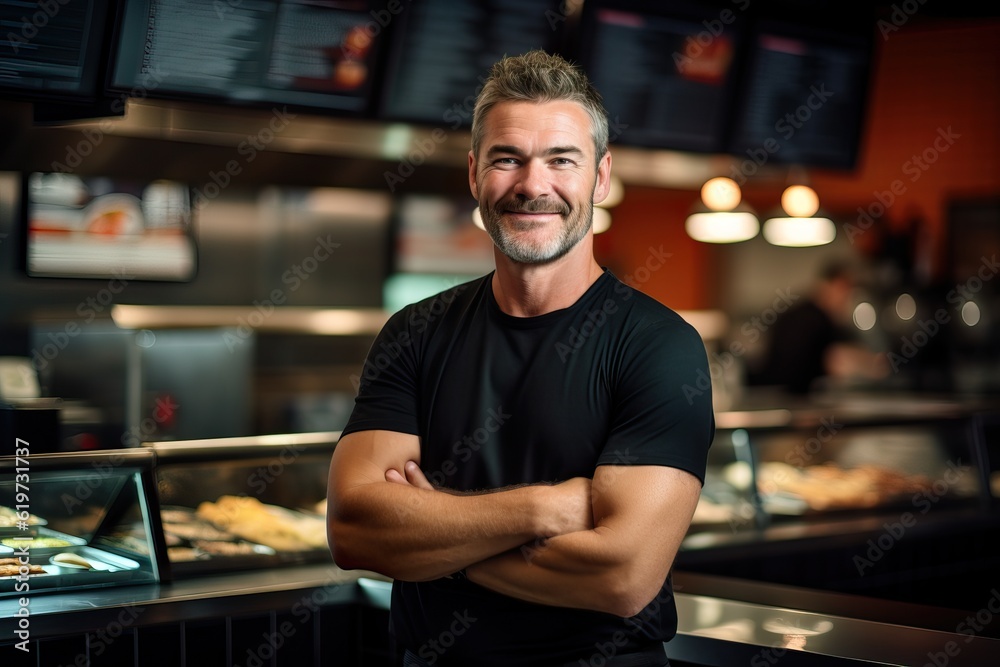 A proud small business owner at a vibrant fast food counter. Generative ...