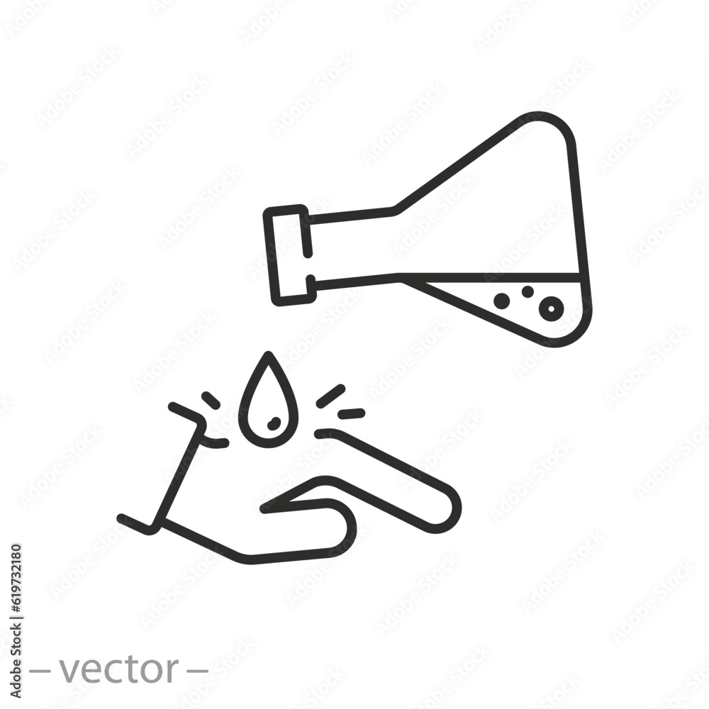 chemical burn skin icon, burning hand, acid hit on the hand, thin line ...