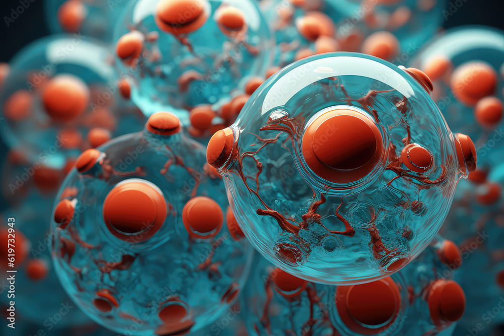 Beautiful body cells under the microscope in red and blue. Close-up ...