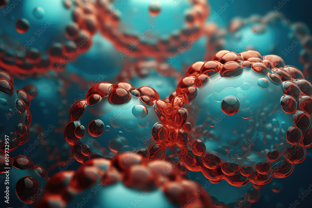 Beautiful body cells under the microscope in red and blue. Close-up ...