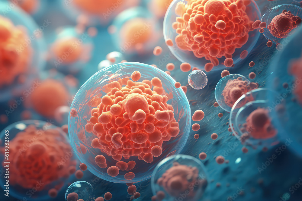 Beautiful body cells under the microscope in pink and blue. Close-up ...