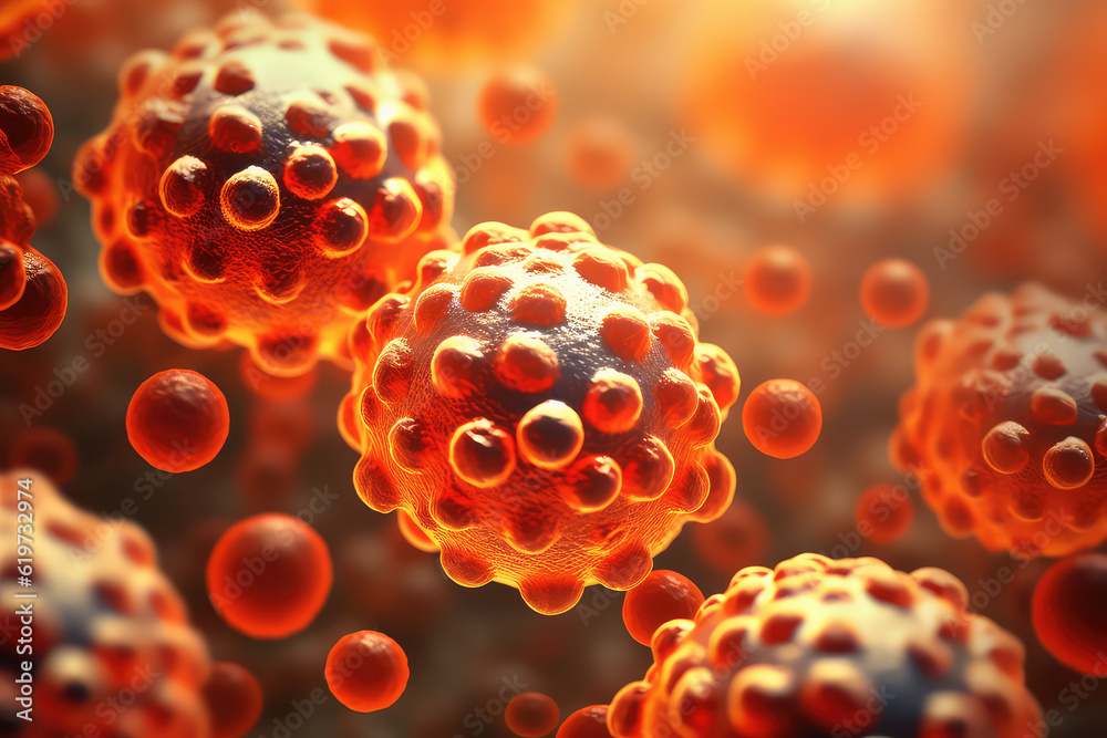 Beautiful body cells under the microscope in pink and blue. Close-up ...