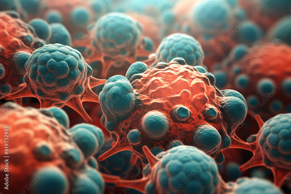 Beautiful body cells under the microscope in red and blue. Close-up zoom of the molecules. Round ...