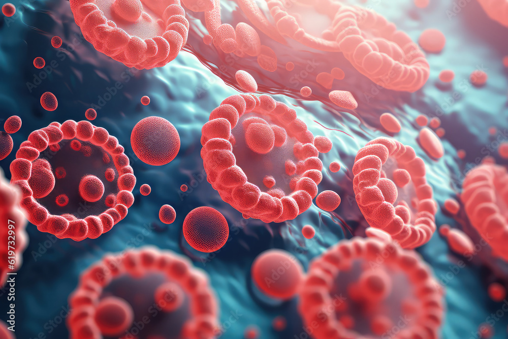 Beautiful body blood cells under the microscope in pink and blue. Close ...