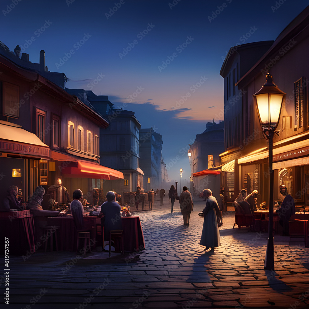 Cozy magical street café at night. Warm glow over patrons relaxing at ...