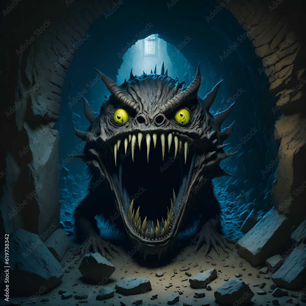 Scary creature with glowing yellow eyes and open mouth in a dark ...