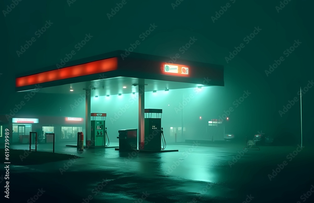 AI generated illustration of a gas station with exterior lighting in a ...