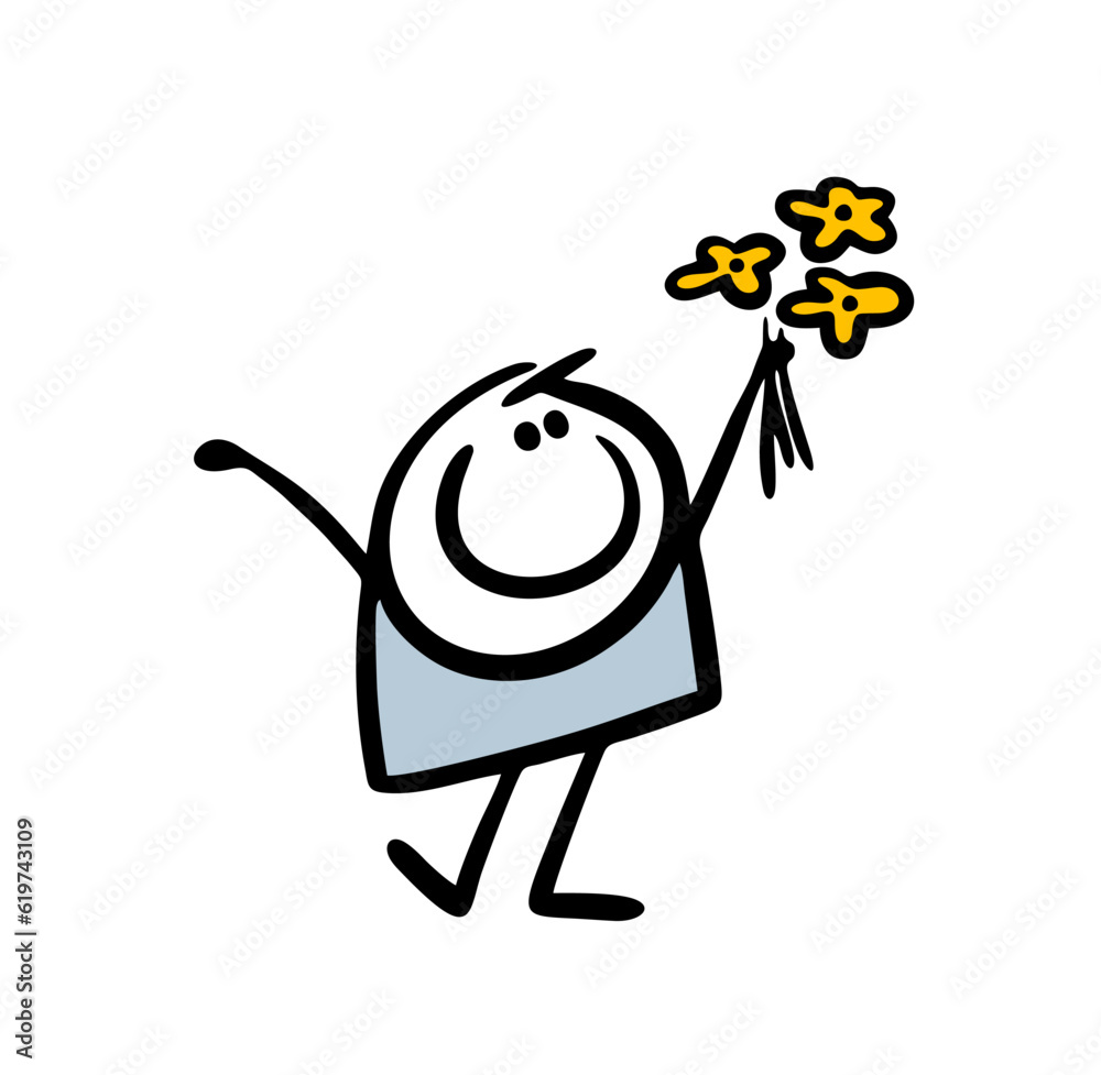 Doodle happy stickman has opened his arms and is waving a bouquet of ...