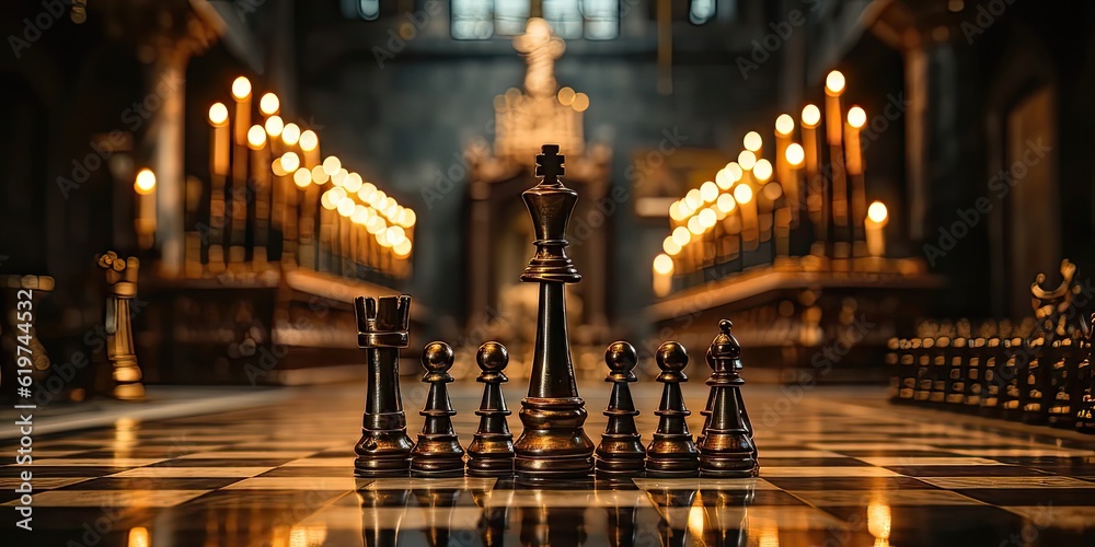Figures of chess on a dark background in Cathedral. Illustration of a ...