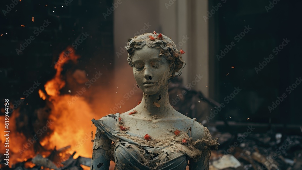 Sad emotional scene of a neoclassical French marble statue broken in a ...