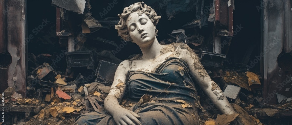 Sad emotional scene of a neoclassical French marble statue broken in a ...