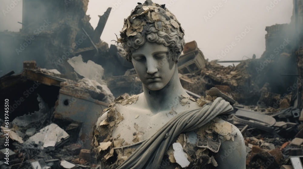 Sad emotional scene of a neoclassical French marble statue broken in a ...