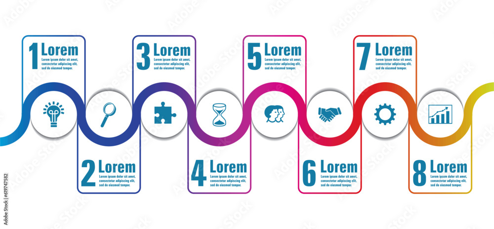 Infographic with collection of icons. Winding road. Eight steps ...