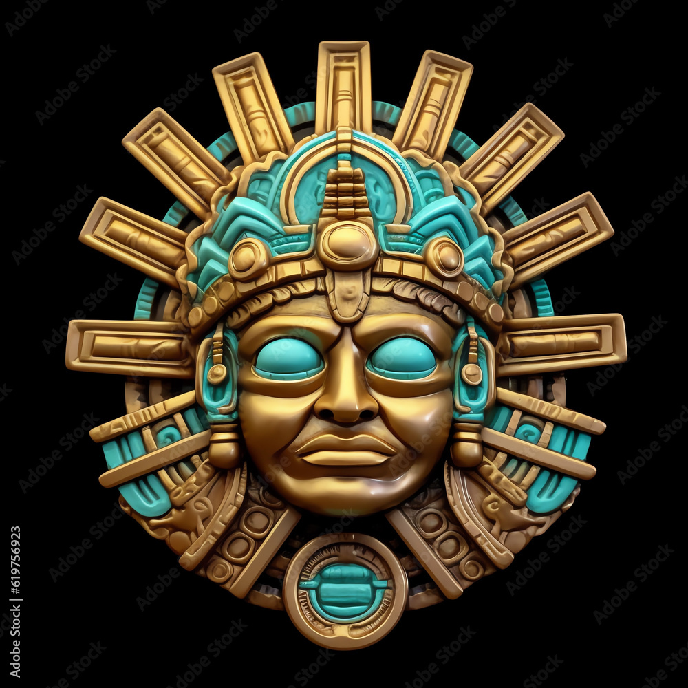 A gold Inca Mayan Aztec god head metal emblem. 3D style artifact metal ...