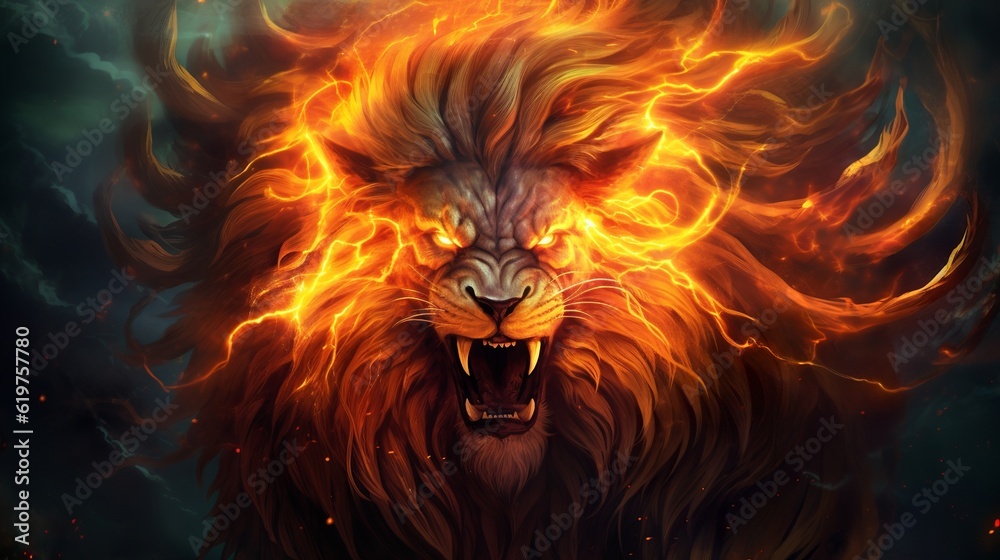 roaring mighty fantasy lion with flames and glowing lights, generative ...