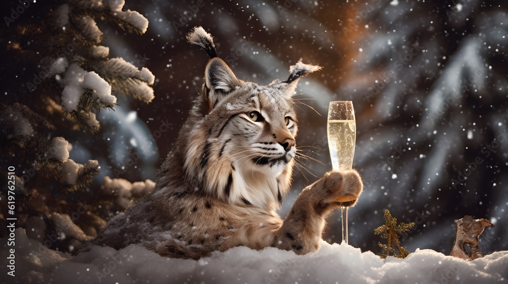 Christmas lynx holding a glass of champagne, celebration party, merry ...