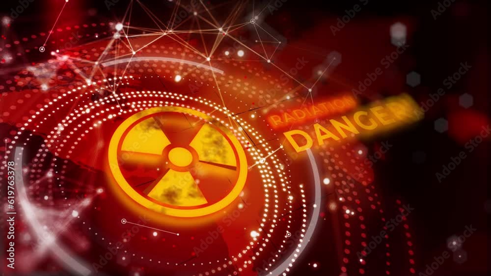 Radioactive hazard icon. Red abstract warning background with world map ...