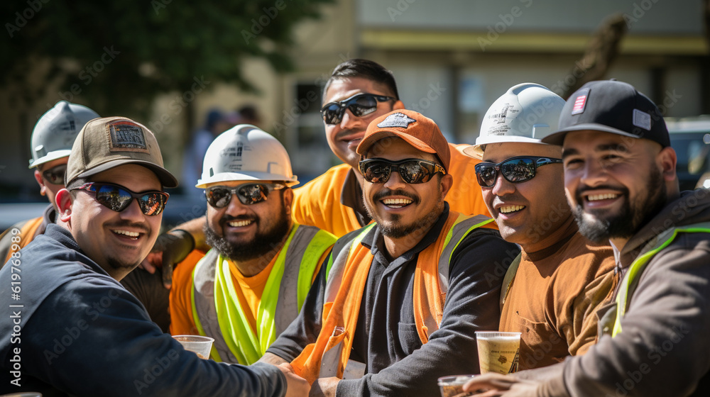 A group of construction workers taking a break and sharing camaraderie ...
