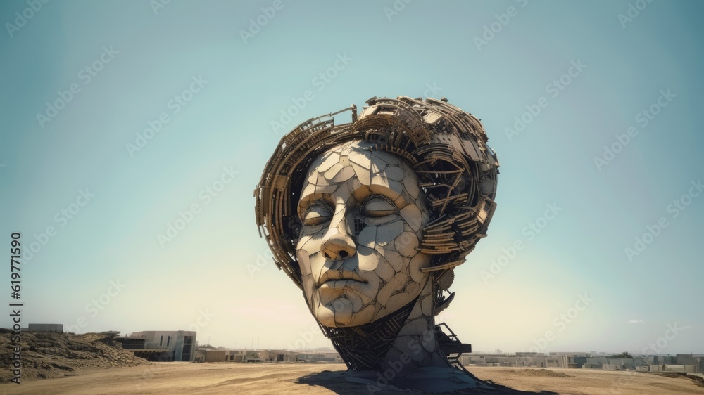 Expressive junkyard scrap metal panel sculpture, effigy of a gigantic ...