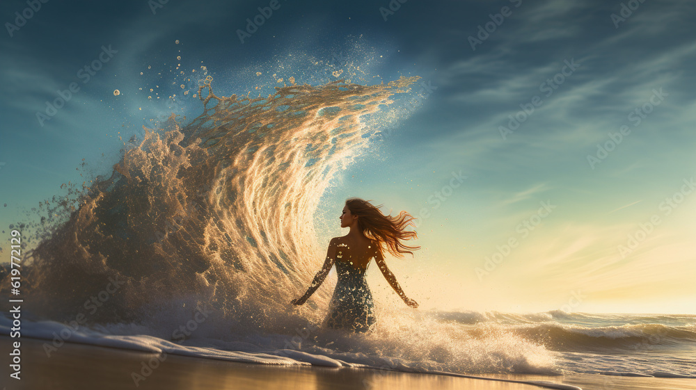 Beautiful Woman in Ocean Waves at Sunset. Young Girl Swimming at Sunny ...