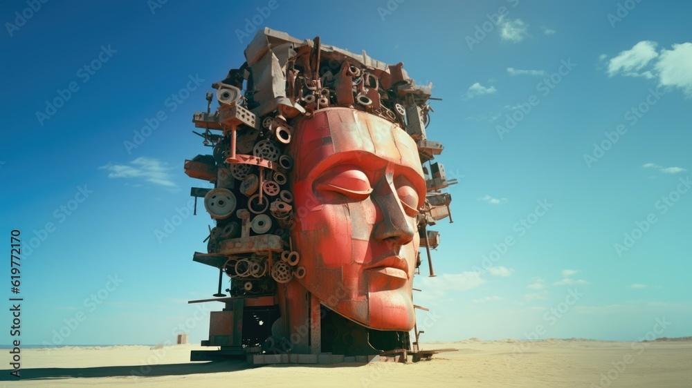 Expressive junkyard scrap metal panel sculpture, effigy of a gigantic ...