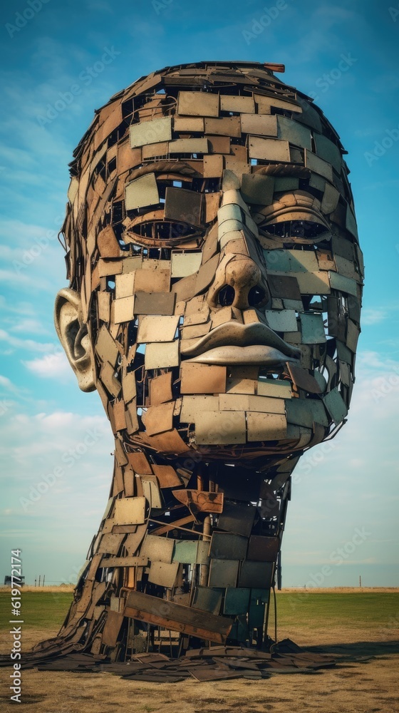 Expressive junkyard scrap metal panel sculpture, effigy of a gigantic ...