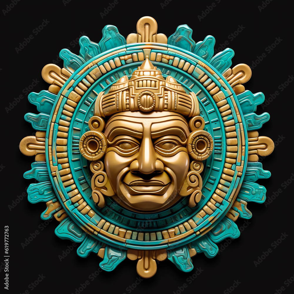 A gold Inca Mayan Aztec god head metal emblem. 3D style artifact metal ...
