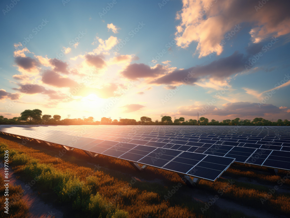 Solar farm with solar panels renewable energy, generative ai Stock ...