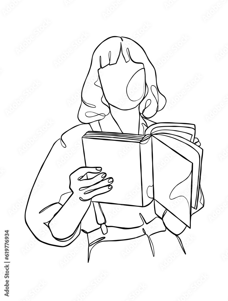 Continuous one line drawing of a woman reading a book. Vector ...