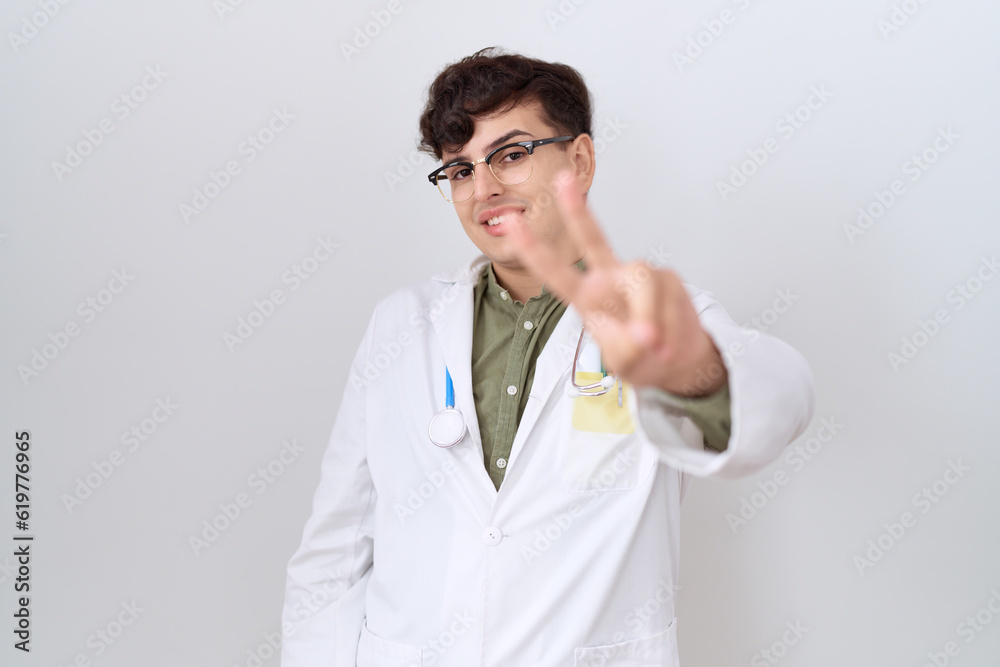 Young non binary man wearing doctor uniform and stethoscope smiling ...