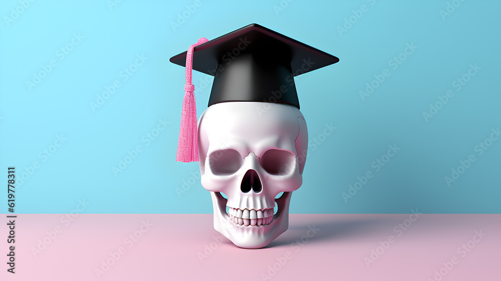 Human skull with black graduation cap on pastel background. Generative ...