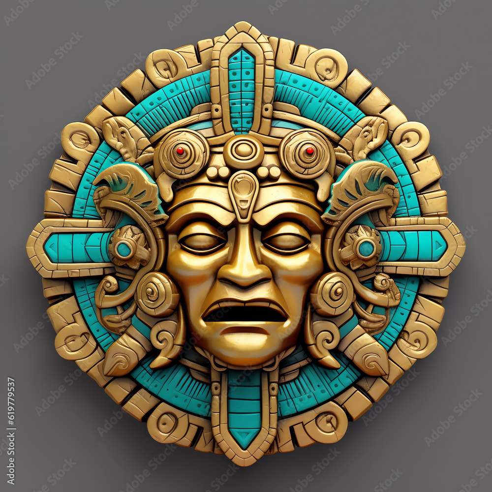 A gold Inca Mayan Aztec god head metal emblem. 3D style artifact metal ...