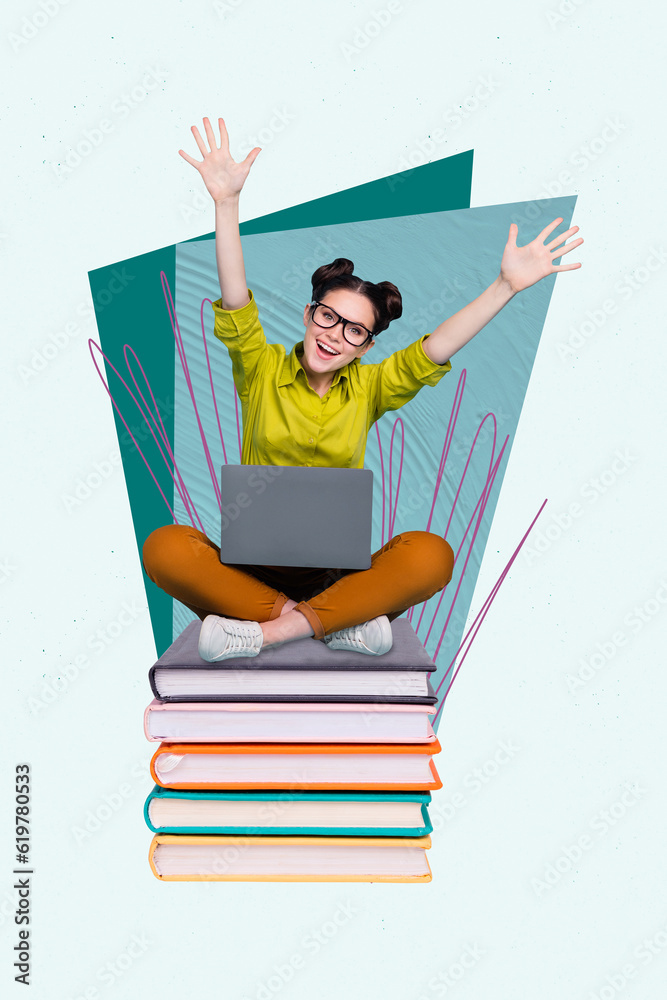 Vertical collage picture of positive overjoyed mini girl sit big pile ... Vertical collage picture of positive overjoyed mini girl sit big pile ...
