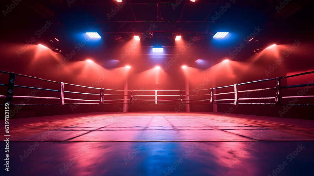 boxing ring with illumination by spotlights, Empty boxing arena waiting ...