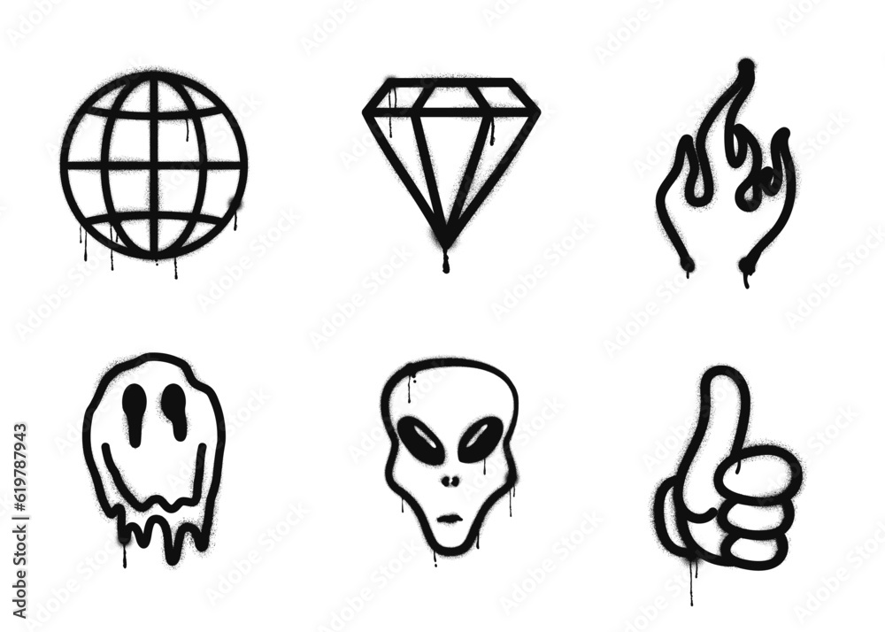 Graffiti drawing symbols set. Painted graffiti spray pattern of World ...