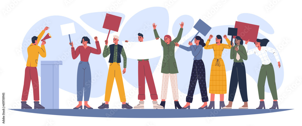 Agitator at rally. Man with megaphone speaks to public. Loud appeals at ...