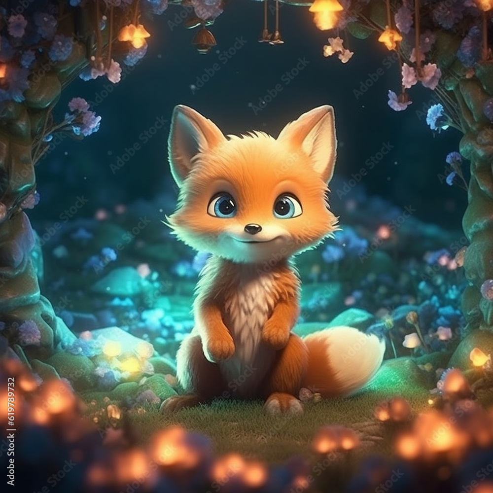 Cute small fox sitting in magic forest in night. Flowers and lights at ...