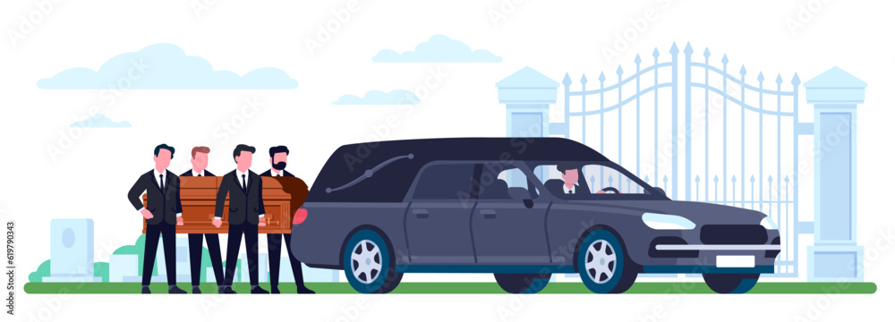 Funeral ritual black hearse car at cemetery. People carry coffin ...