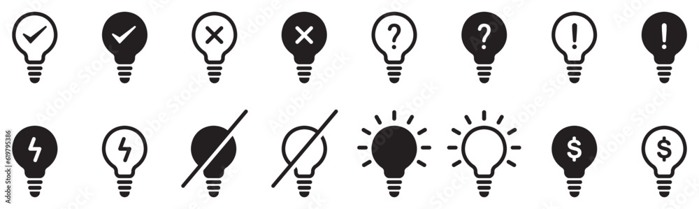Set of light bulb icons. Lamp with check marks and signs, light bulbs ...